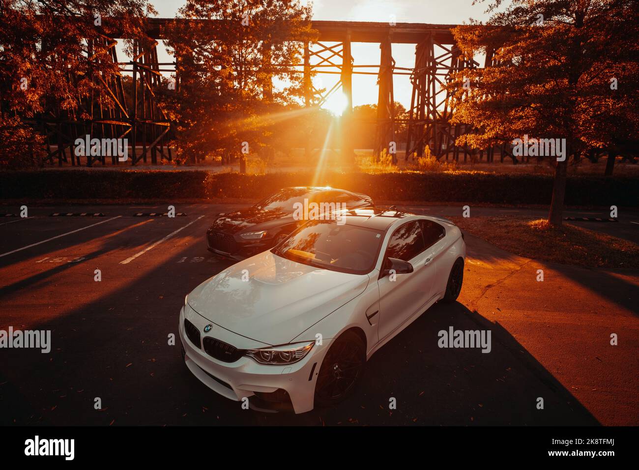 Front view of a modern white BMW M4 and black Audi RS5 on the street ...
