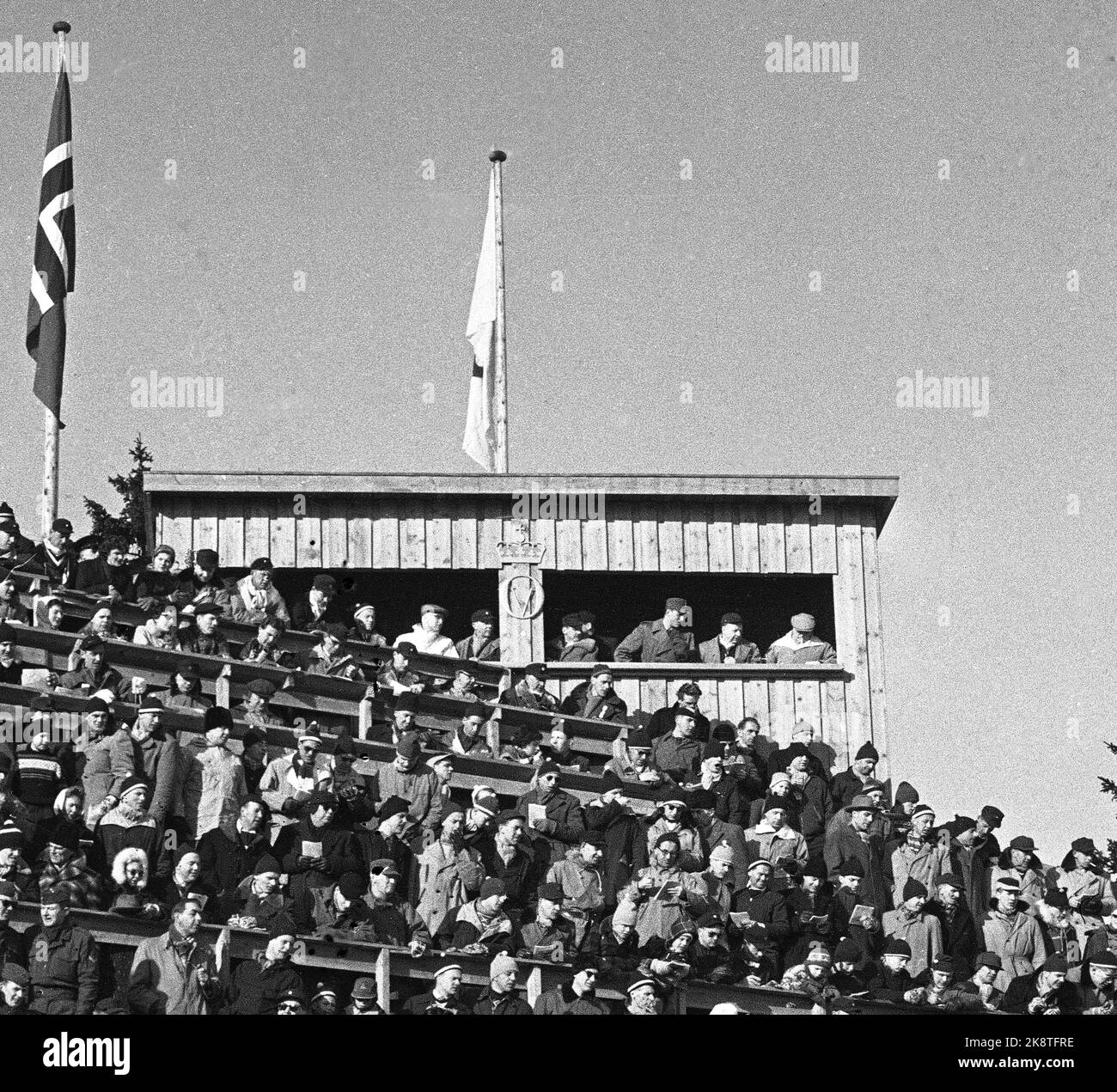 Oslo 19580316 Holmenkoll hill on Holmenkollagen. The royal stand with ...