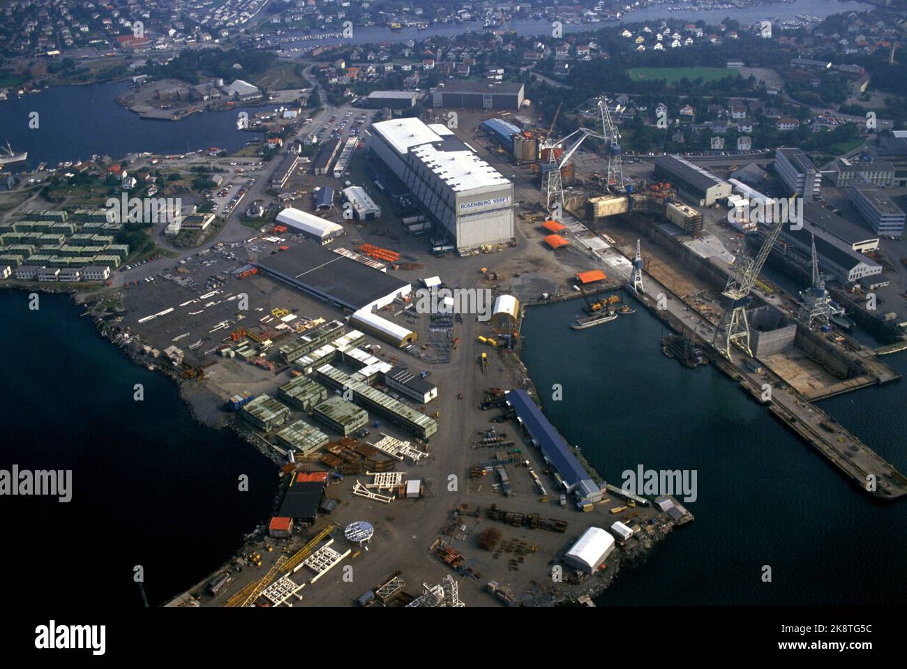 Stavanger 19900830 - Aerial photo by the shipyard Rosenberg Verft in ...