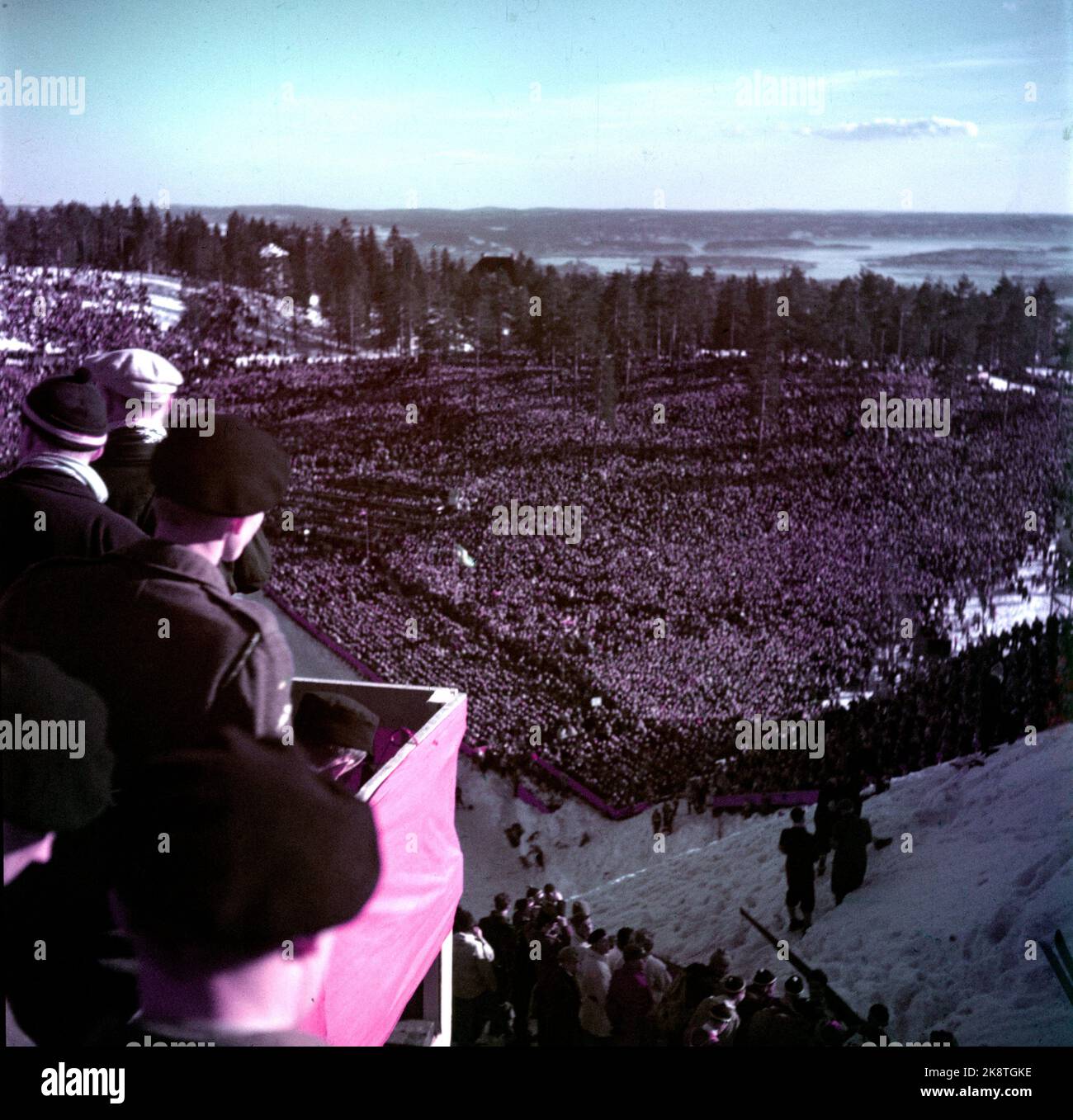 Oslo March 1950 Holmenkollagen. A glimpse of the sea, with the press ...