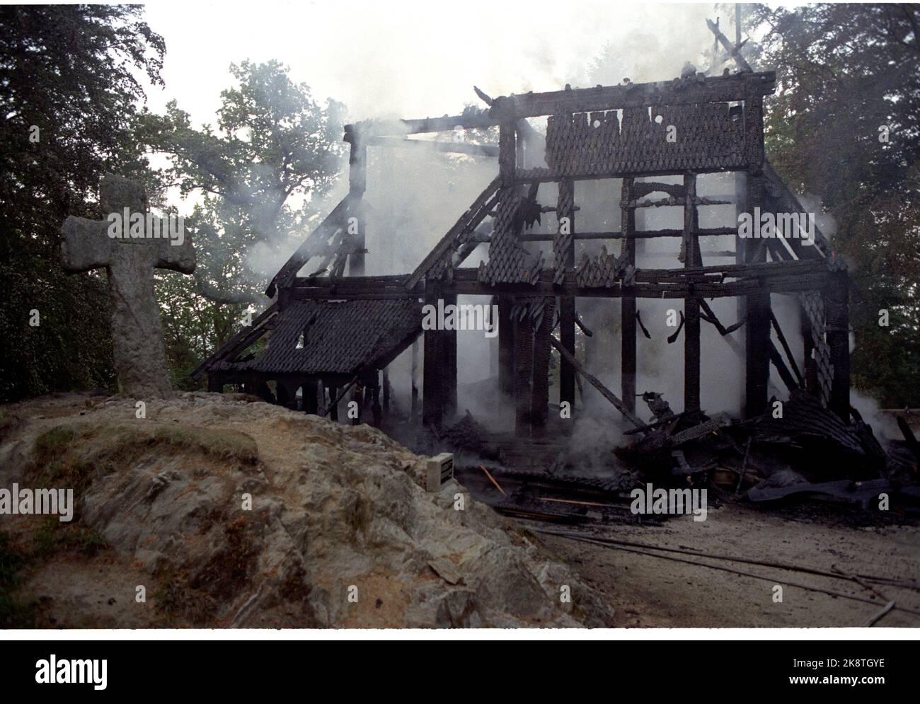 Bergen 19920608. Fantoft Stave Church was completely damaged after a ...