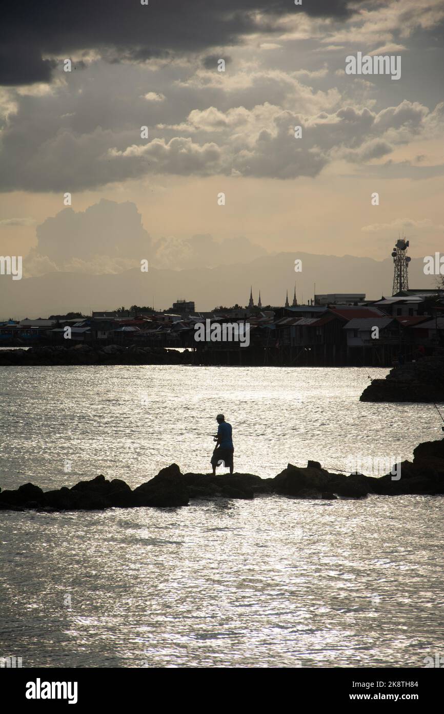 A vertical shot of a silhouette of a person fishing at the shore at ...