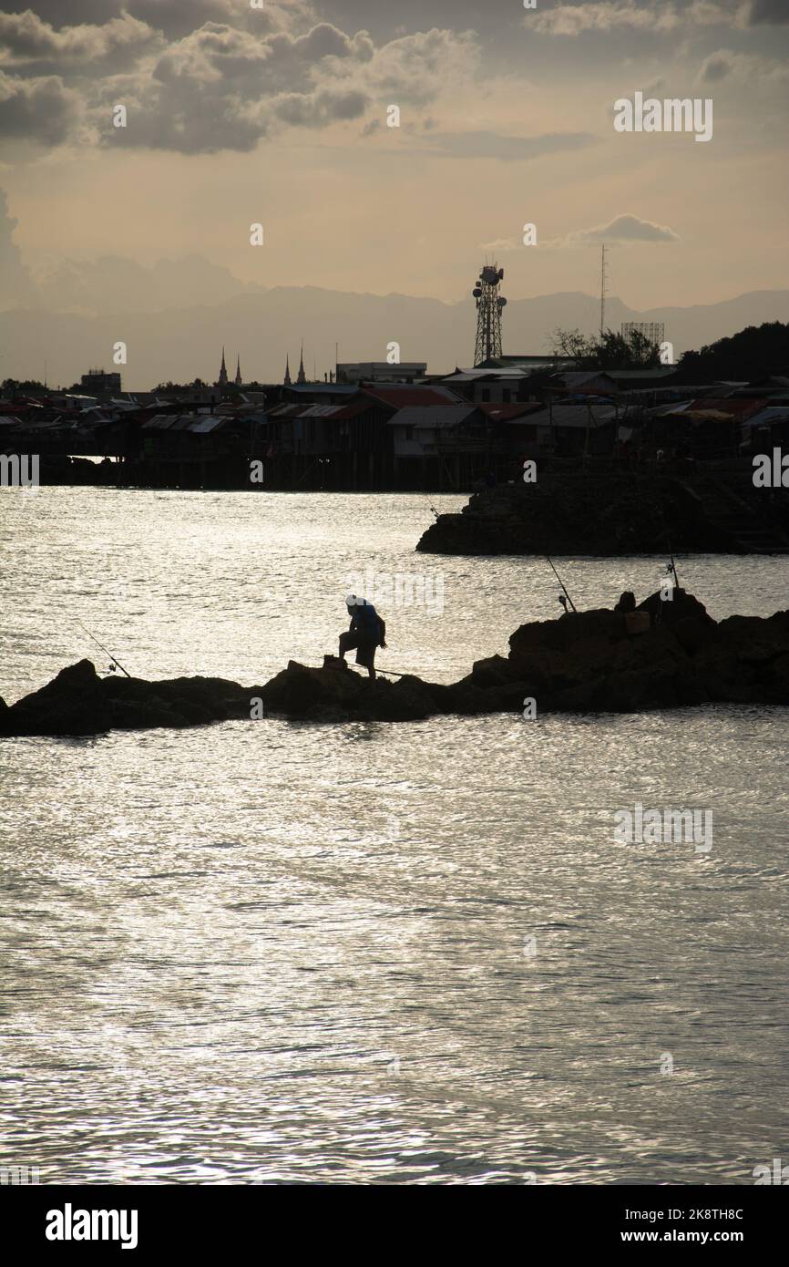 A vertical shot of a silhouette of a person fishing at the shore at ...