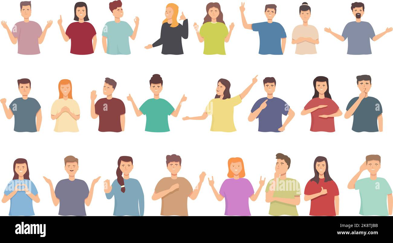 People talking with hand gesture icons set cartoon vector. People say ...