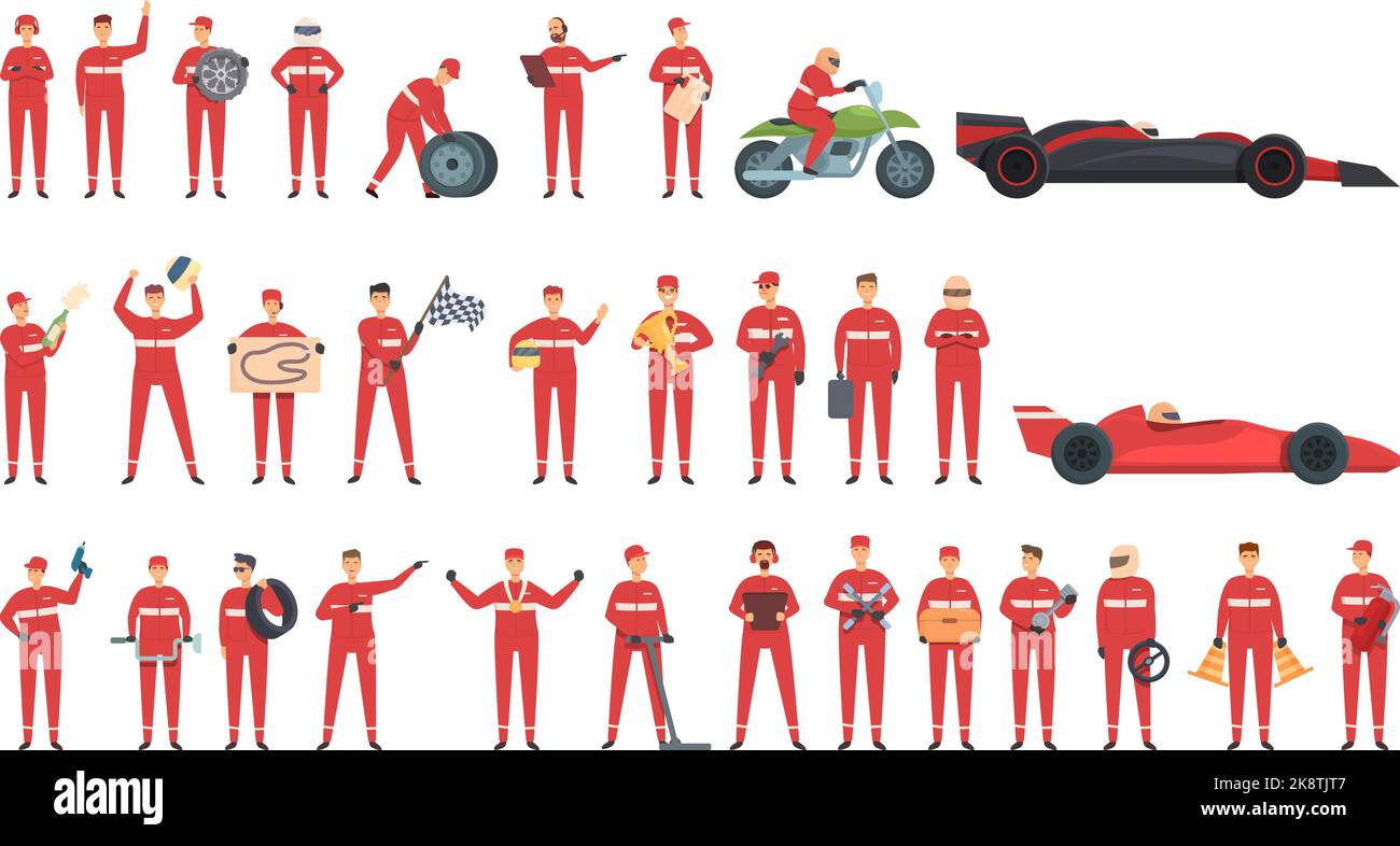 Racing team icons set cartoon vector. Stop car. Team tire Stock Vector ...
