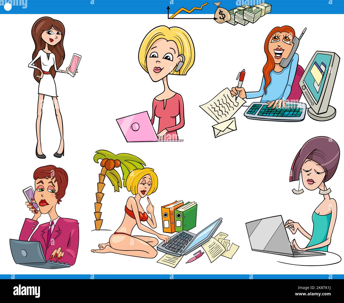 Cartoon illustration of funny businesswomen at work characters set ...