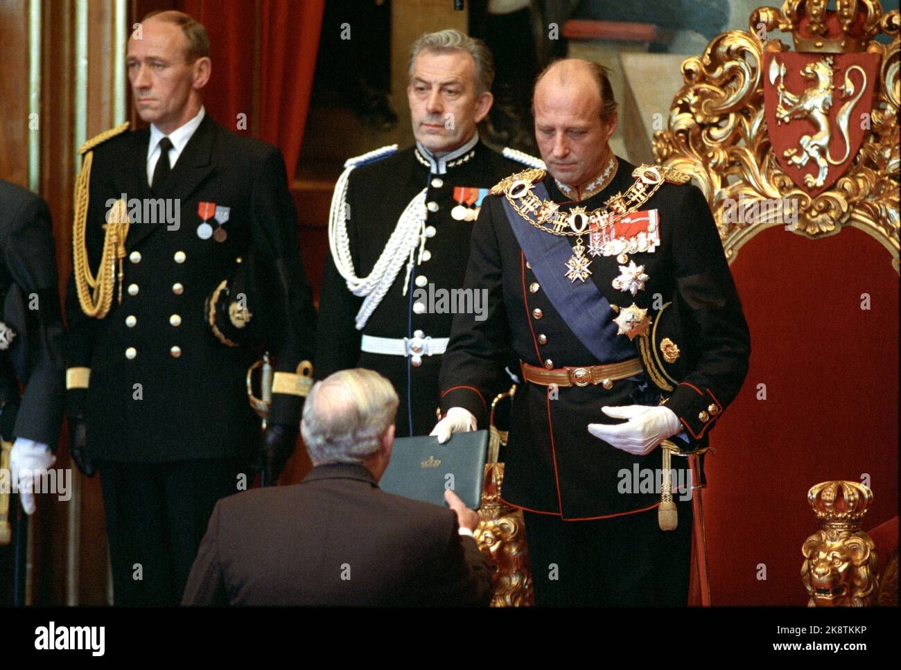 Oslo 19910121. King Harald during the Esdays in the Storting after King Olav's death. Storting ...