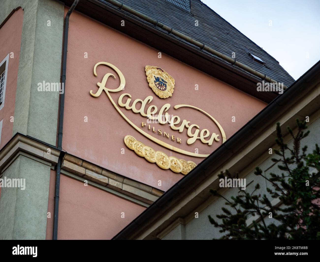 Logo of the Radeberger Pilsner beer on a building exterior. The famous ...