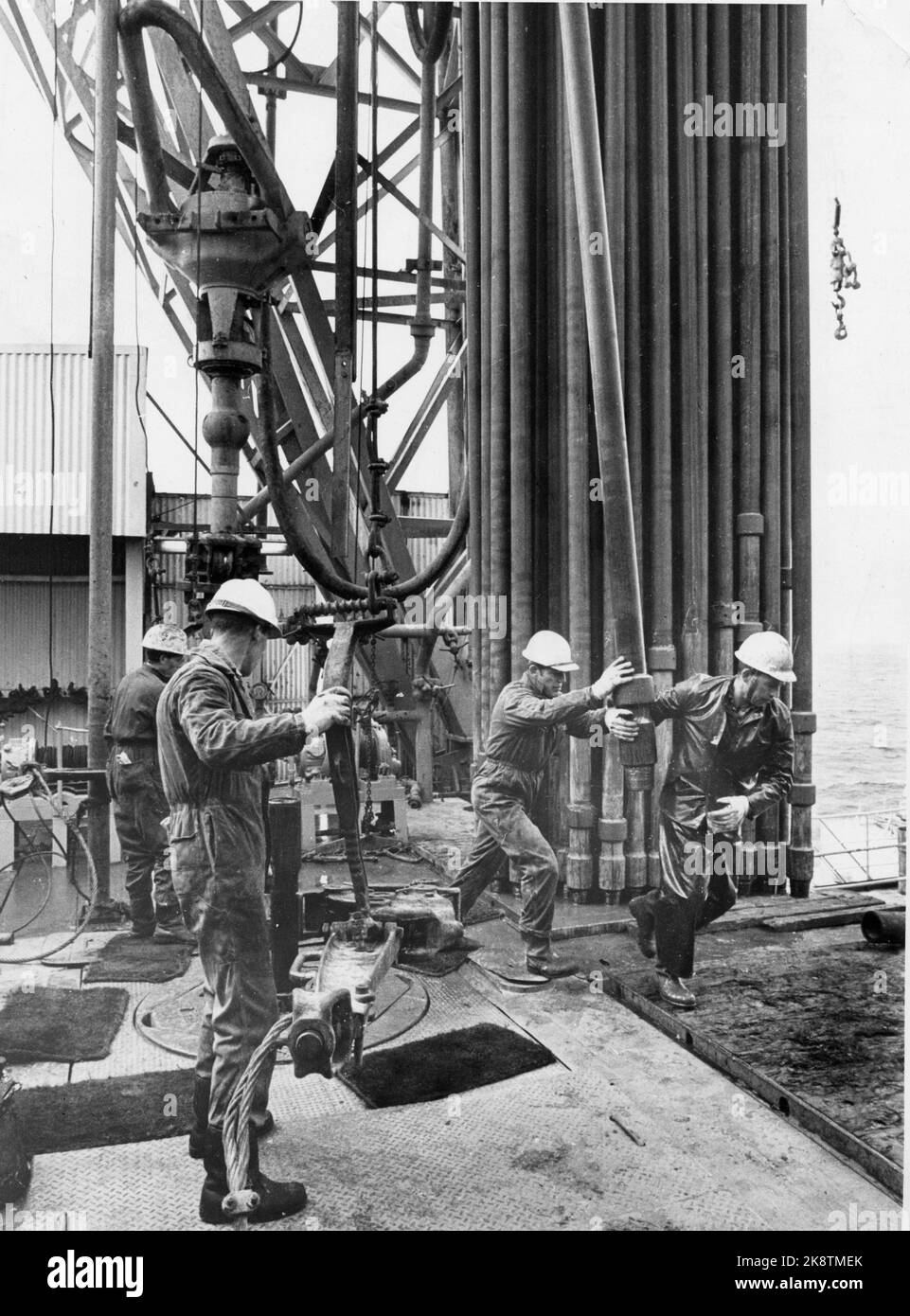 North Sea 1966: Work on board the Ocean Viking oil drilling platform in ...