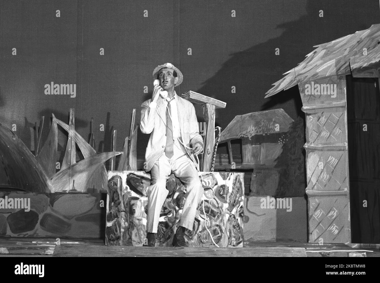 Oslo 19580201. Actor Leif adjusts on stage in the play "The Earth Round ...