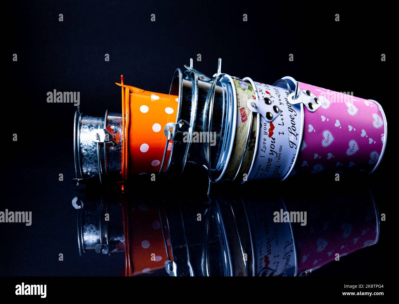 Many aluminum ice bucket laid in wait for use. many stainless multi ...