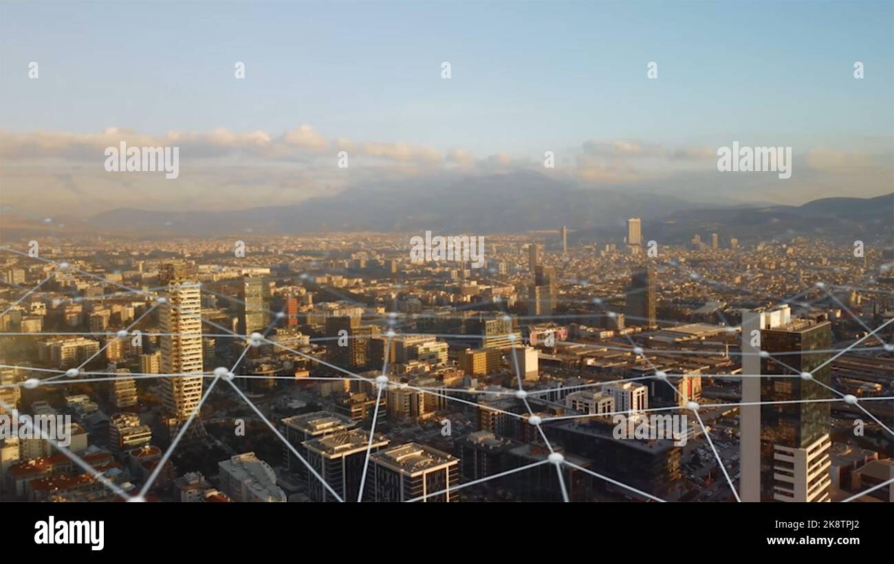 Aerial view of izmir Skyline with connections. Technology-Futuristic ...