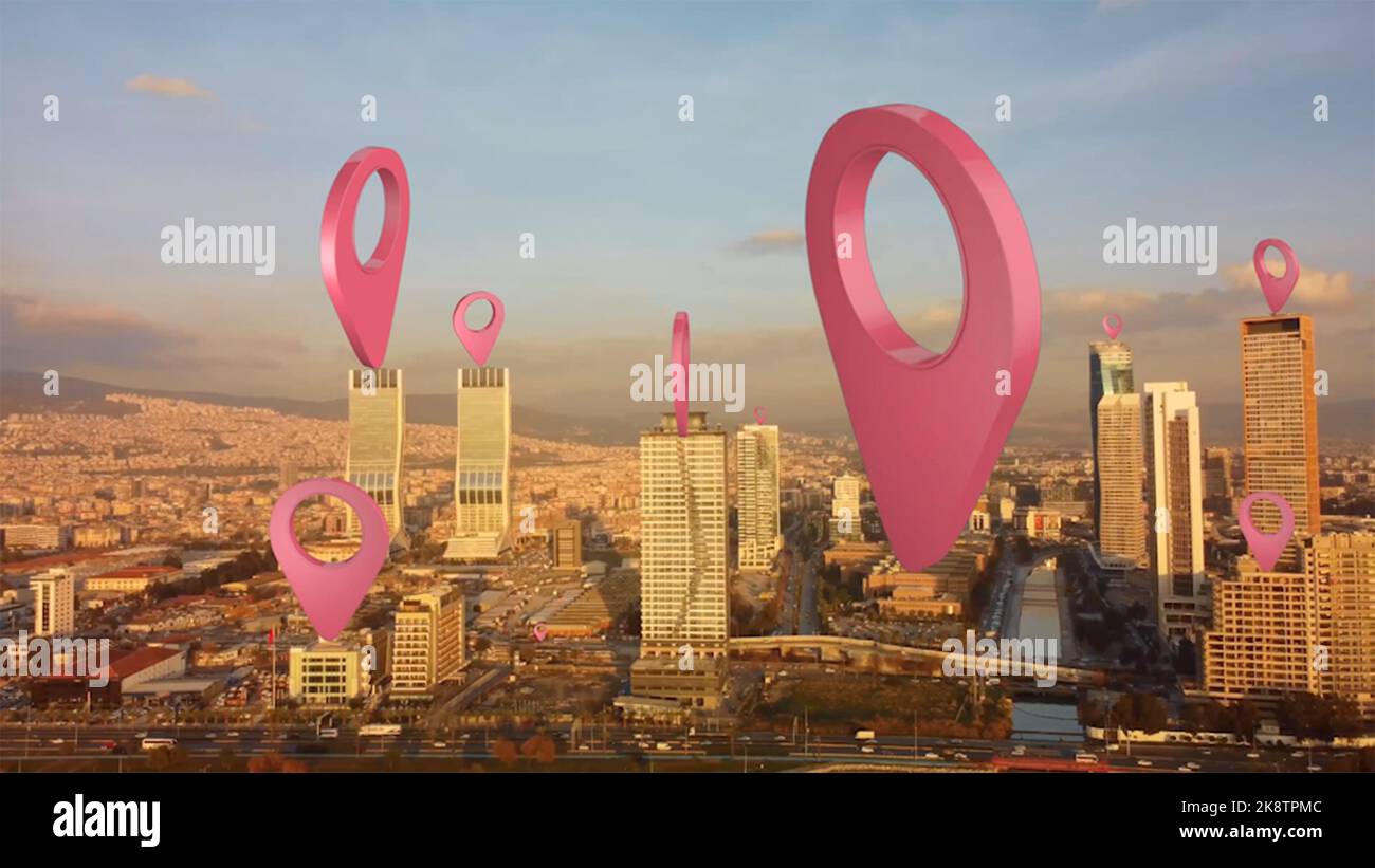 Aerial smart city. Localization icons in a connected futuristic city ...