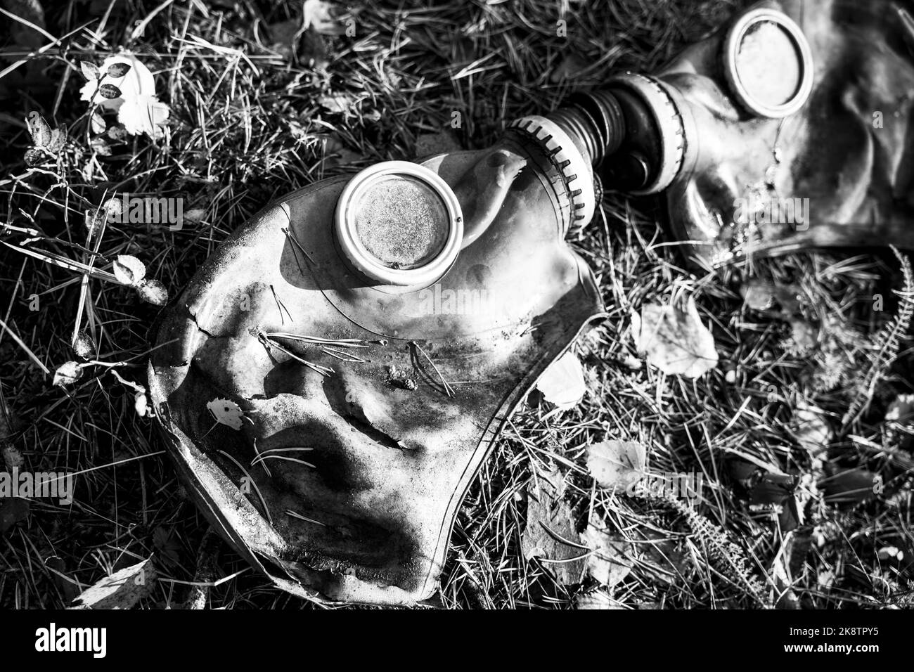 two old used gas masks look at each other lying on the grass Stock ...