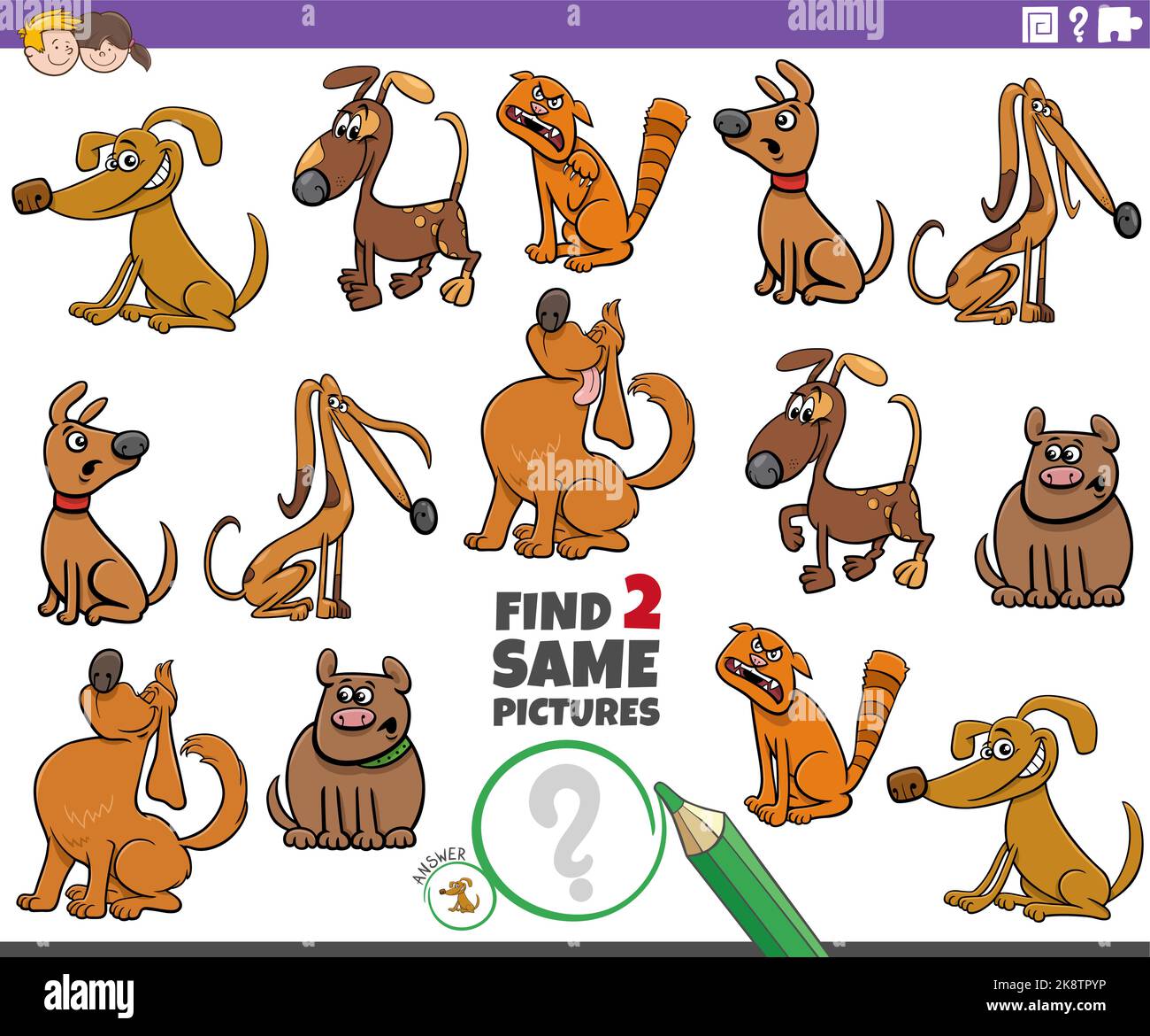 Cartoon illustration of finding two same pictures educational game with ...