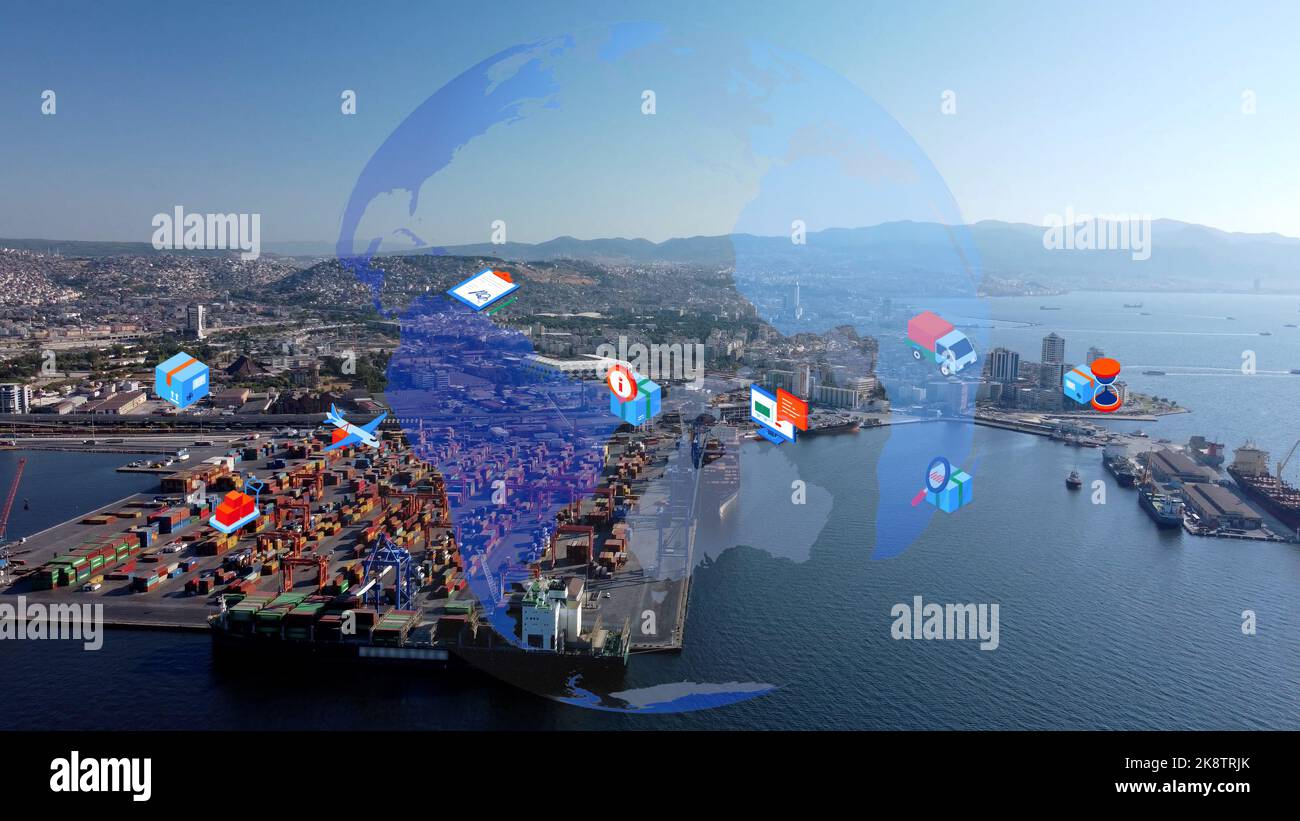 Logistic business or transport concept Aerial view over import export ...