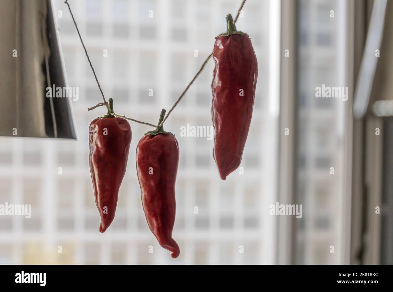 Three red Espelette peppers drying on a rope Stock Photo - Alamy