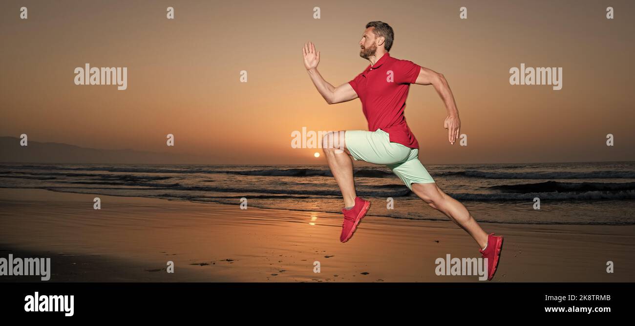 athletic man runner running on sunset summer beach, challenge. Man ...