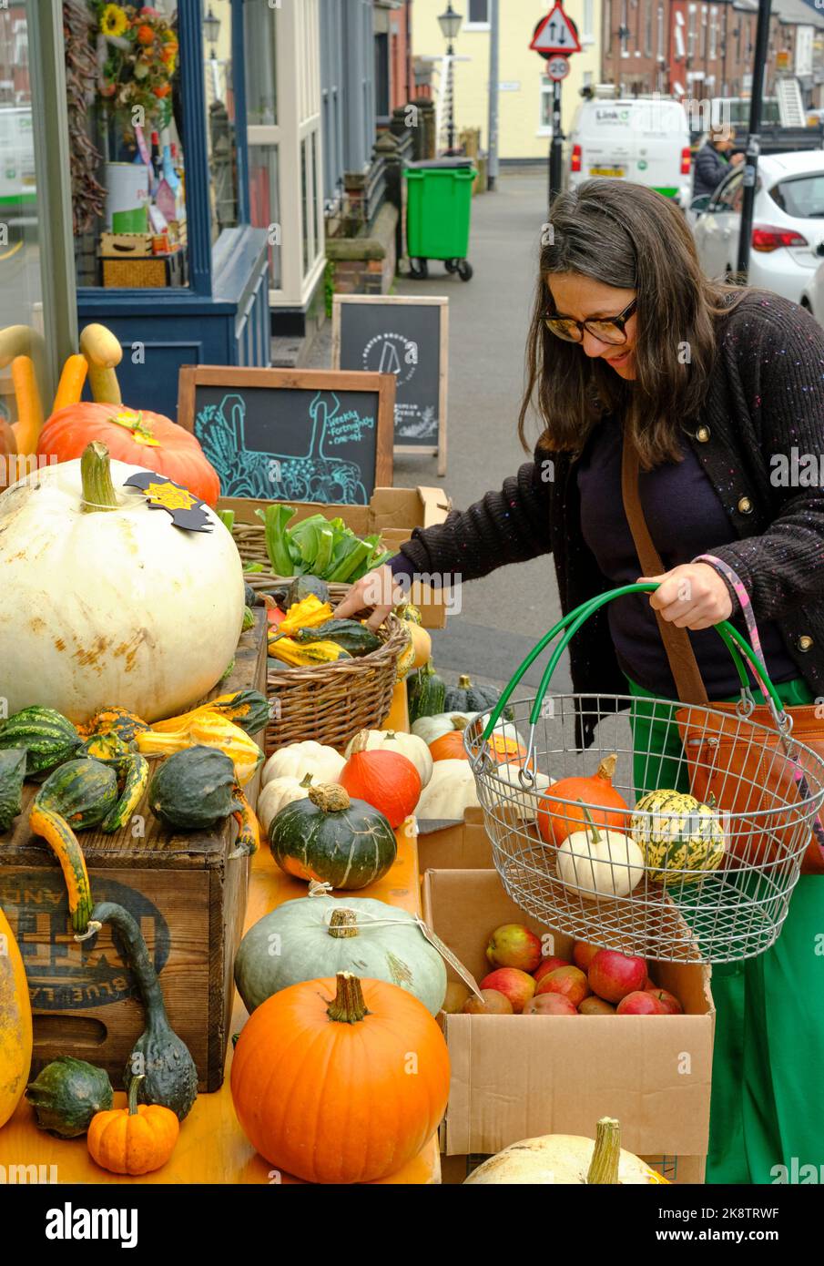 A colorful pavement display of colorful autumn pumpkins outside a ...