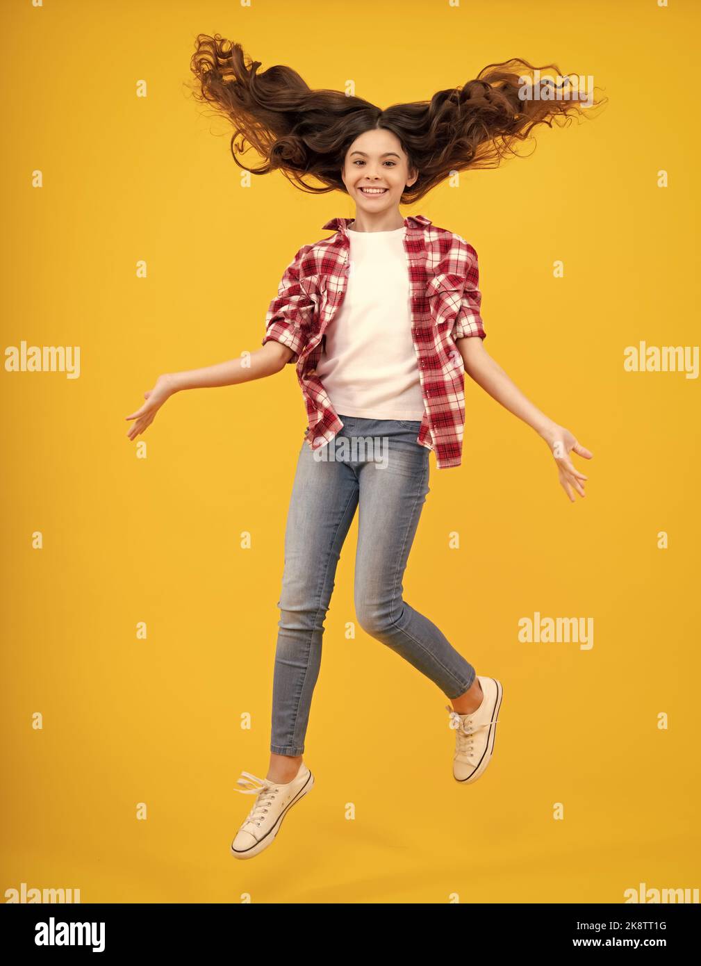 Full size length of young brunette girl teen student jump run go move ...