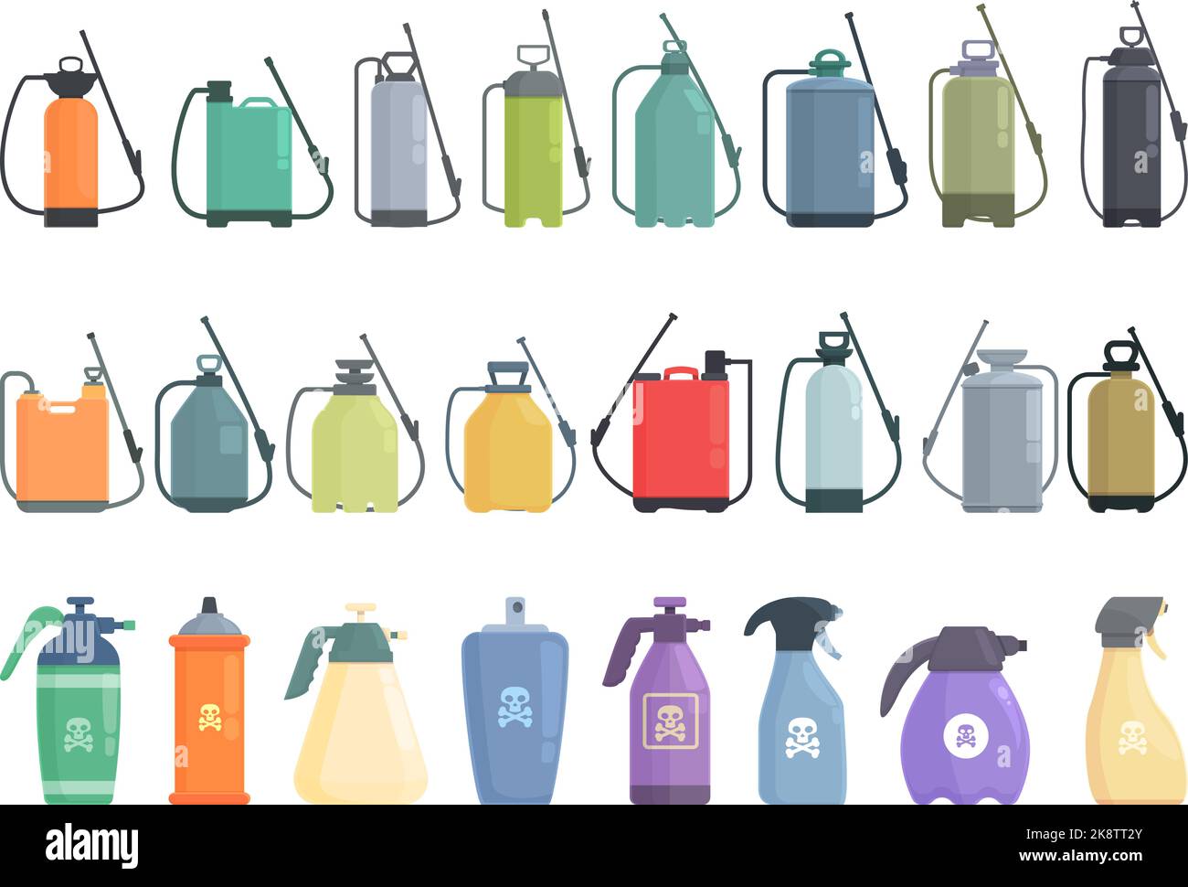 Pesticide sprayer icons set cartoon vector. Pressure garden. Lawn tank ...