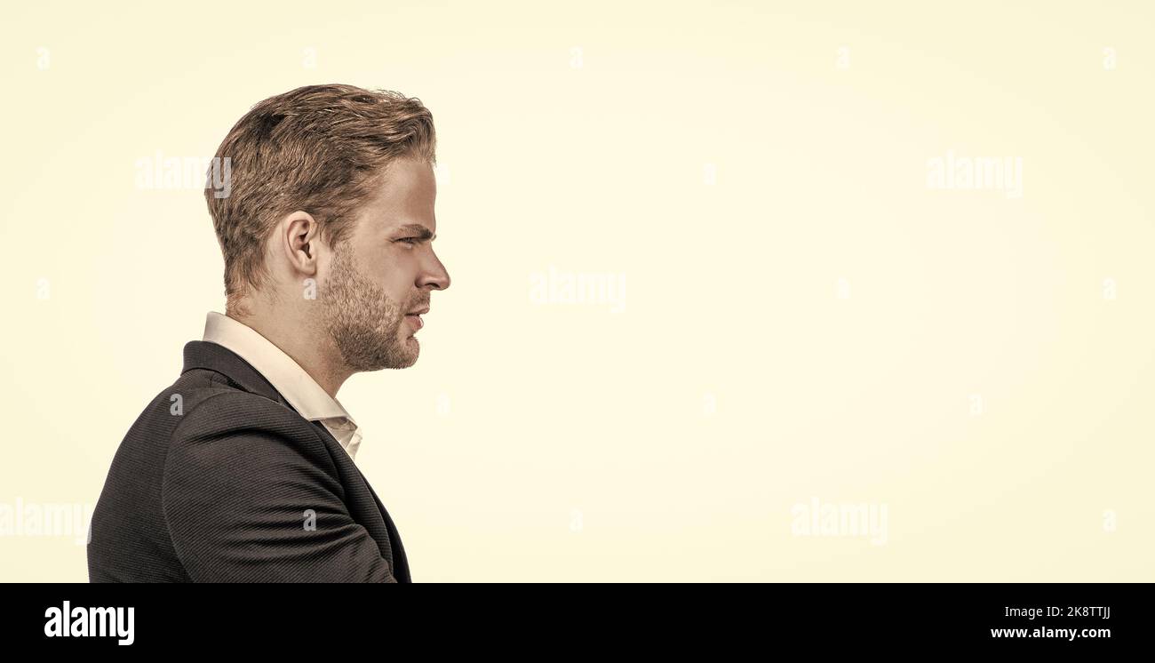 Frown of disapproval. Frown guy side-face. Professional man frowning ...