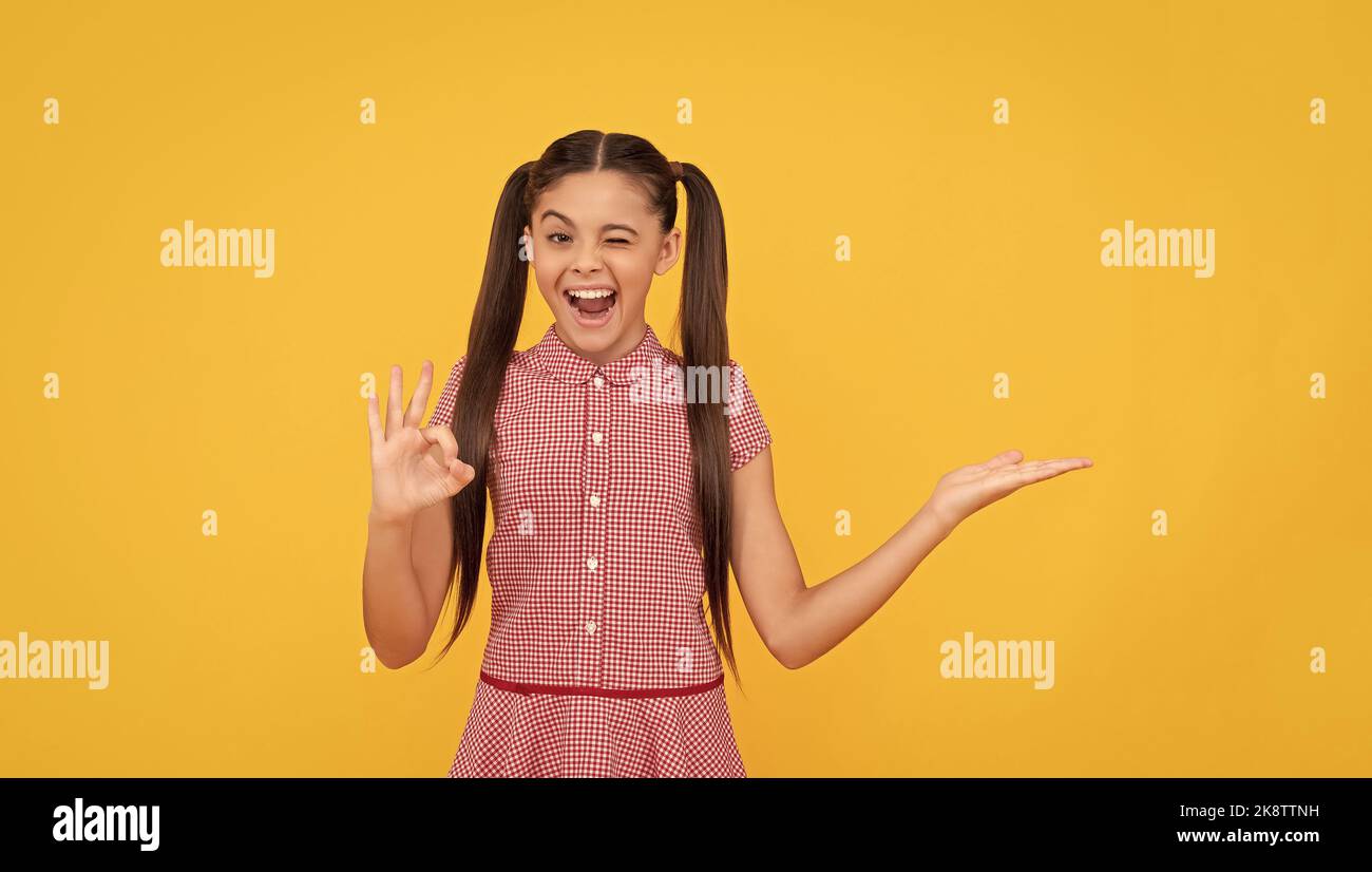 winking kid presenting product, copy space. ok. teen girl advertising ...