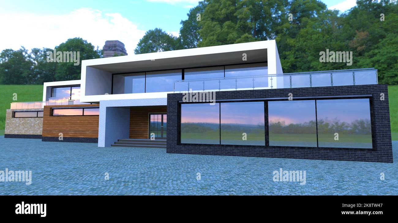 Trendy combined facade design of a modern country house on the hills ...