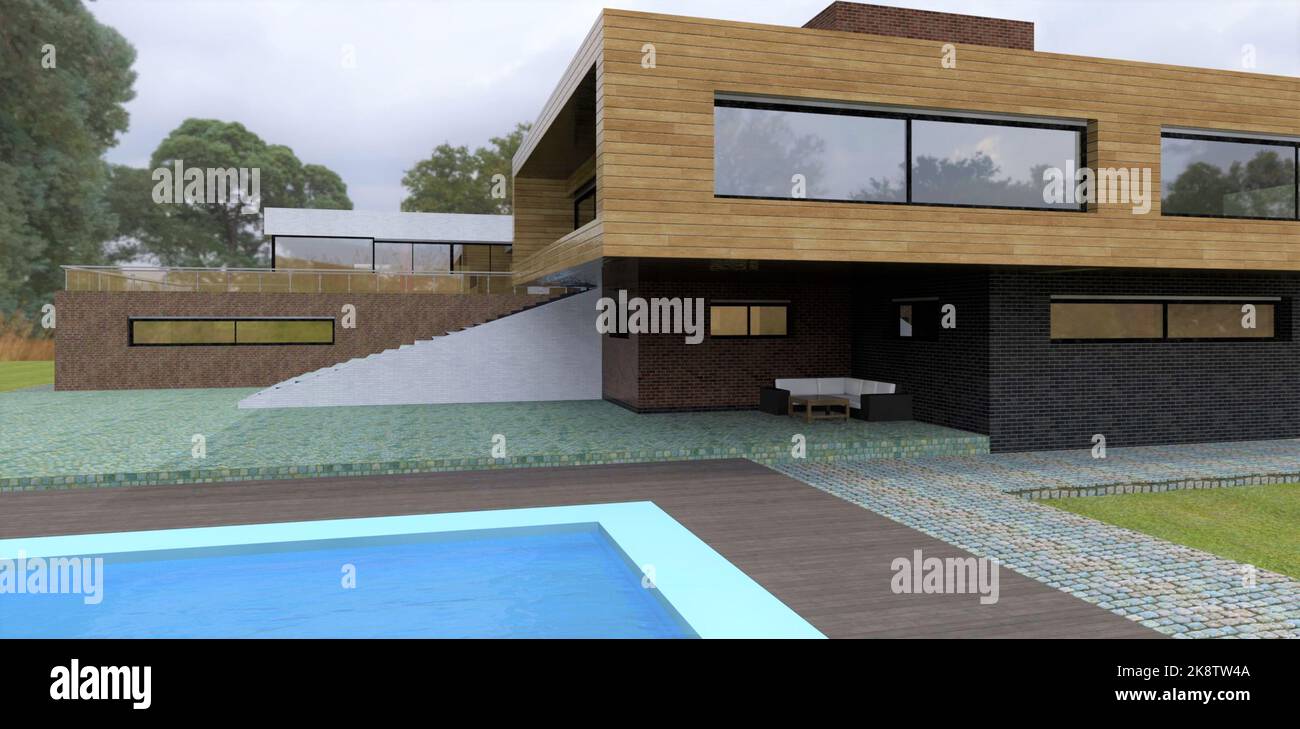 Courtyard of a luxury villa in the suburbs. Pool with blue water ...