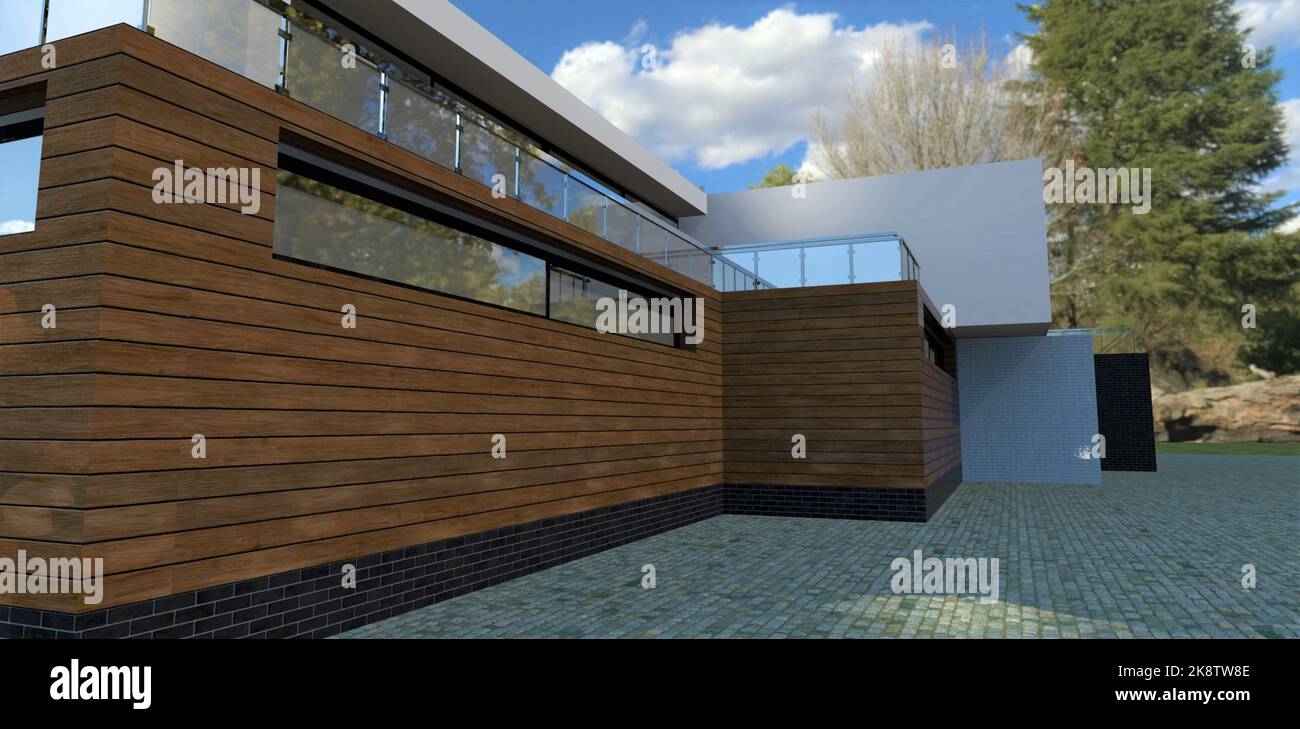 Facade cladding with wood. Modern country house. Wonderful terrace with ...