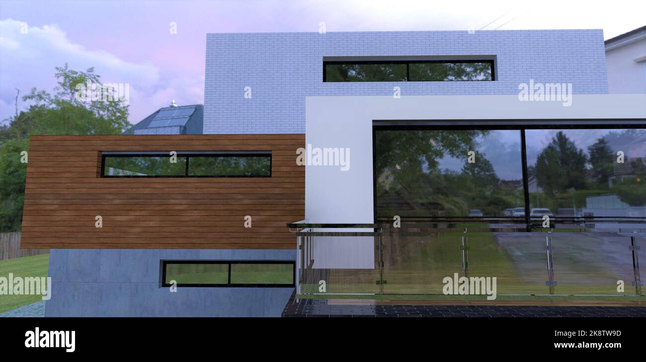 Road traffic is reflected in the panoramic window of a modern house ...