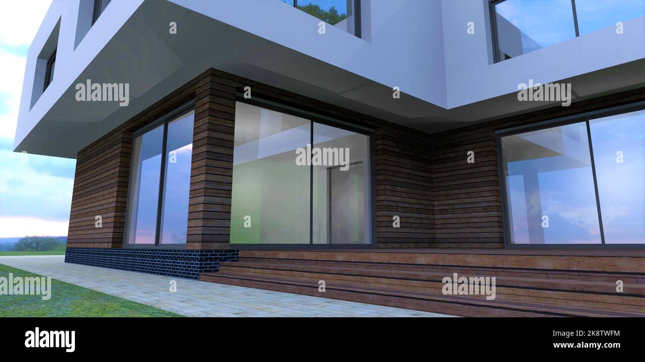 Wooden steps of the terrace of a designer country house. Large ...