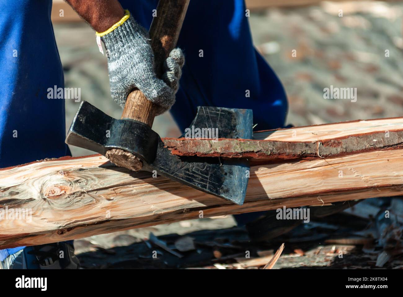 Man clearing trunk bark with metal ax with wooden handle Stock Photo ...