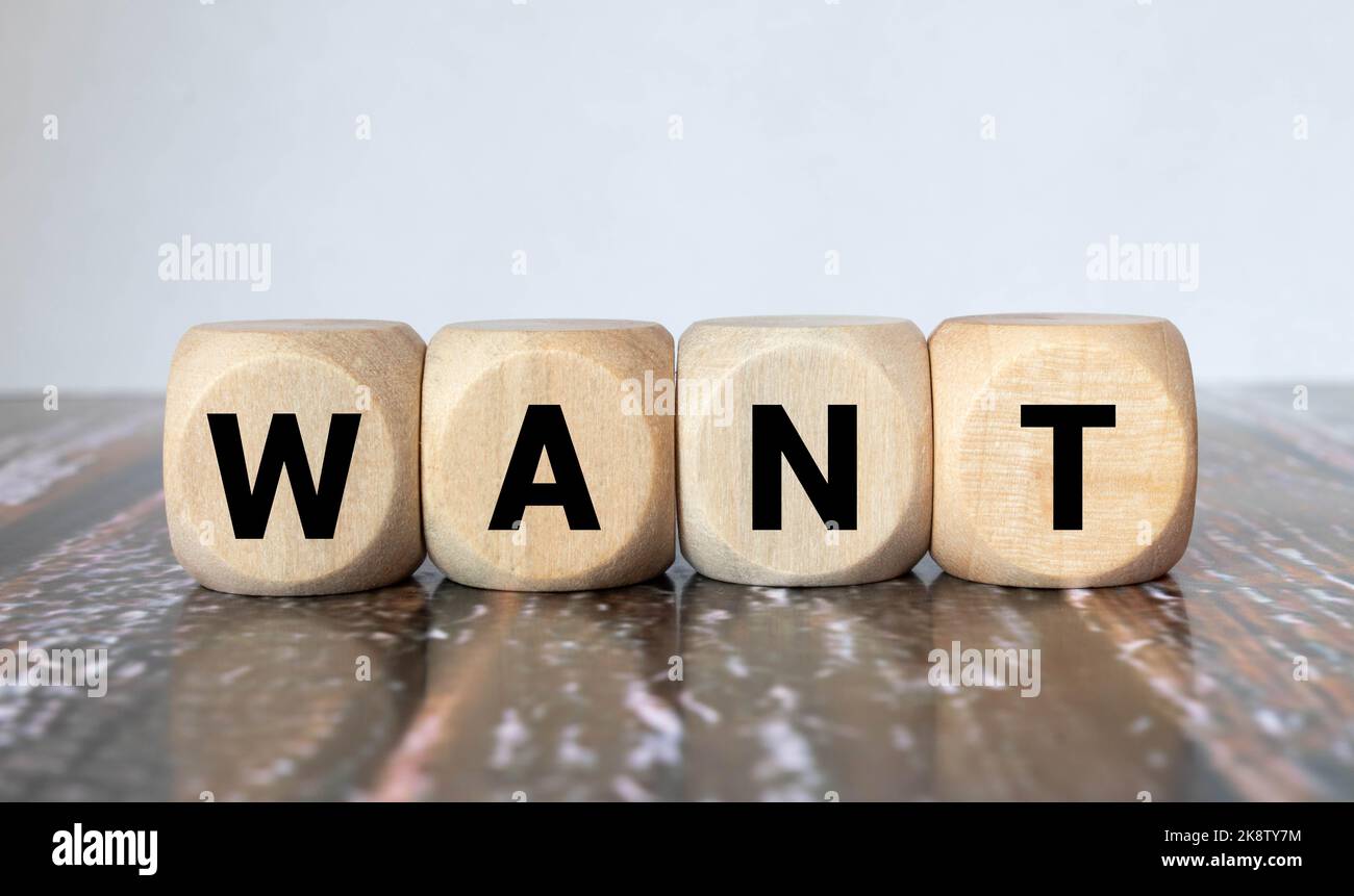 text the word want from gray wooden small letters with black font on an ...