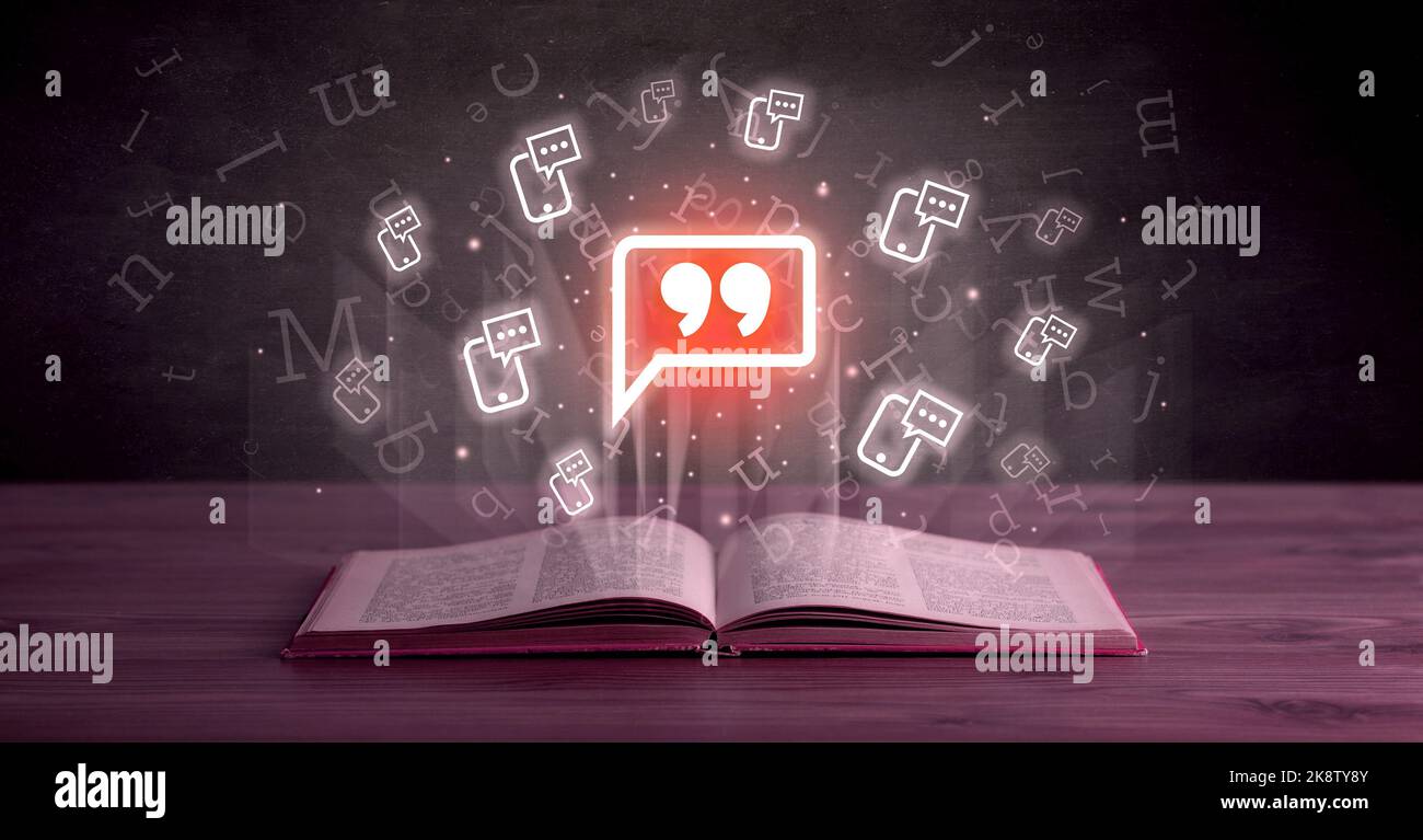Open book with social networking icons above Stock Photo - Alamy