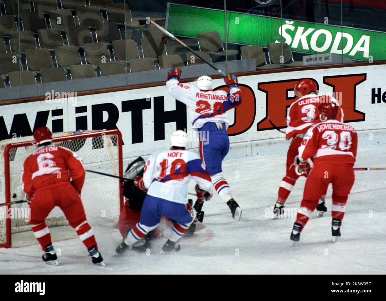 Munich Germany 19930429 A-World Cup in ice hockey. Norway / Austria 2-6. Norway in white and ...