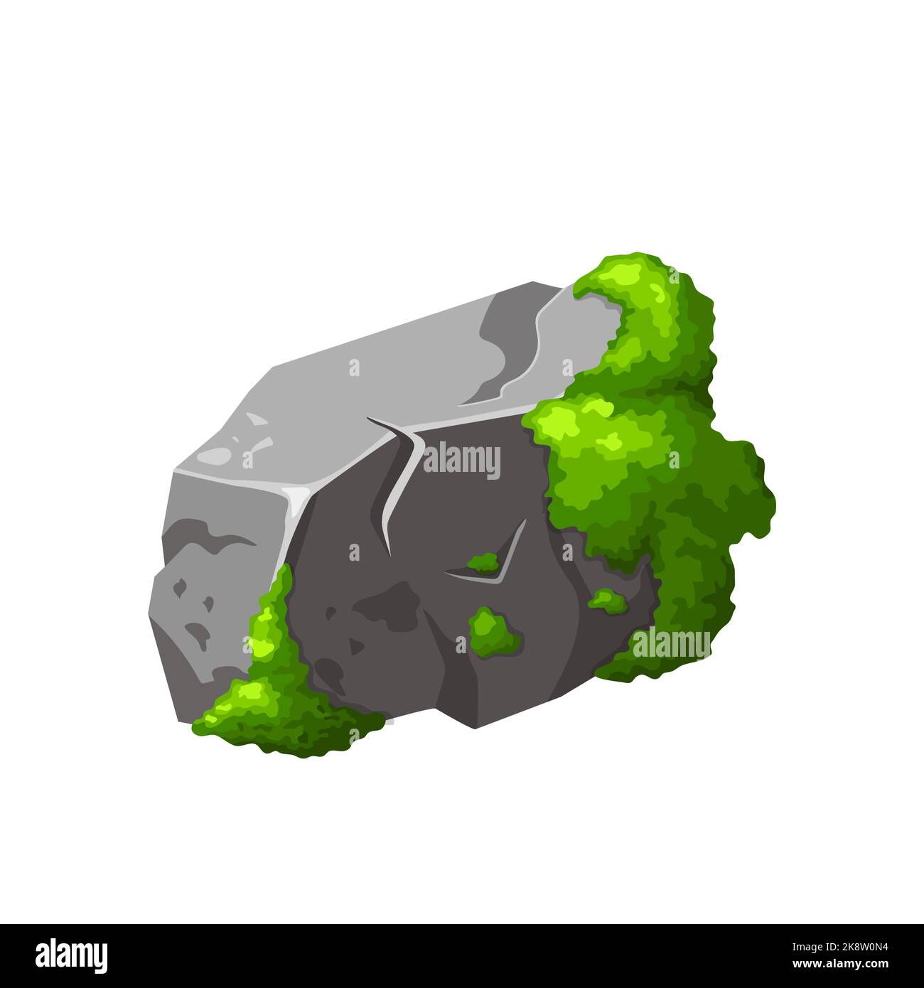 Forest rock with moss. Gray stone brocken in cartoon. Mountain part of natural design shape ...