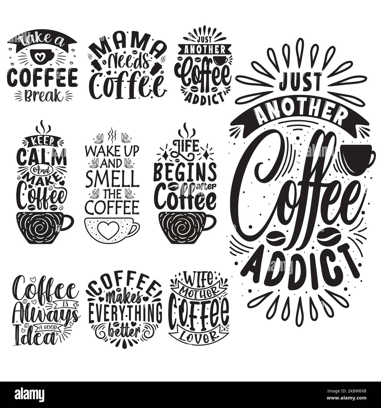 A typographic and calligraphic set of coffee quotes on a white ...