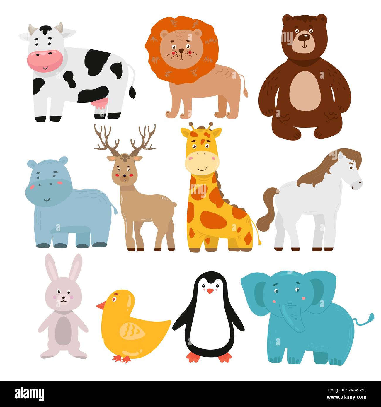 Set of Safari Animals Illustration cow lion bear hippo giraffe horse ...