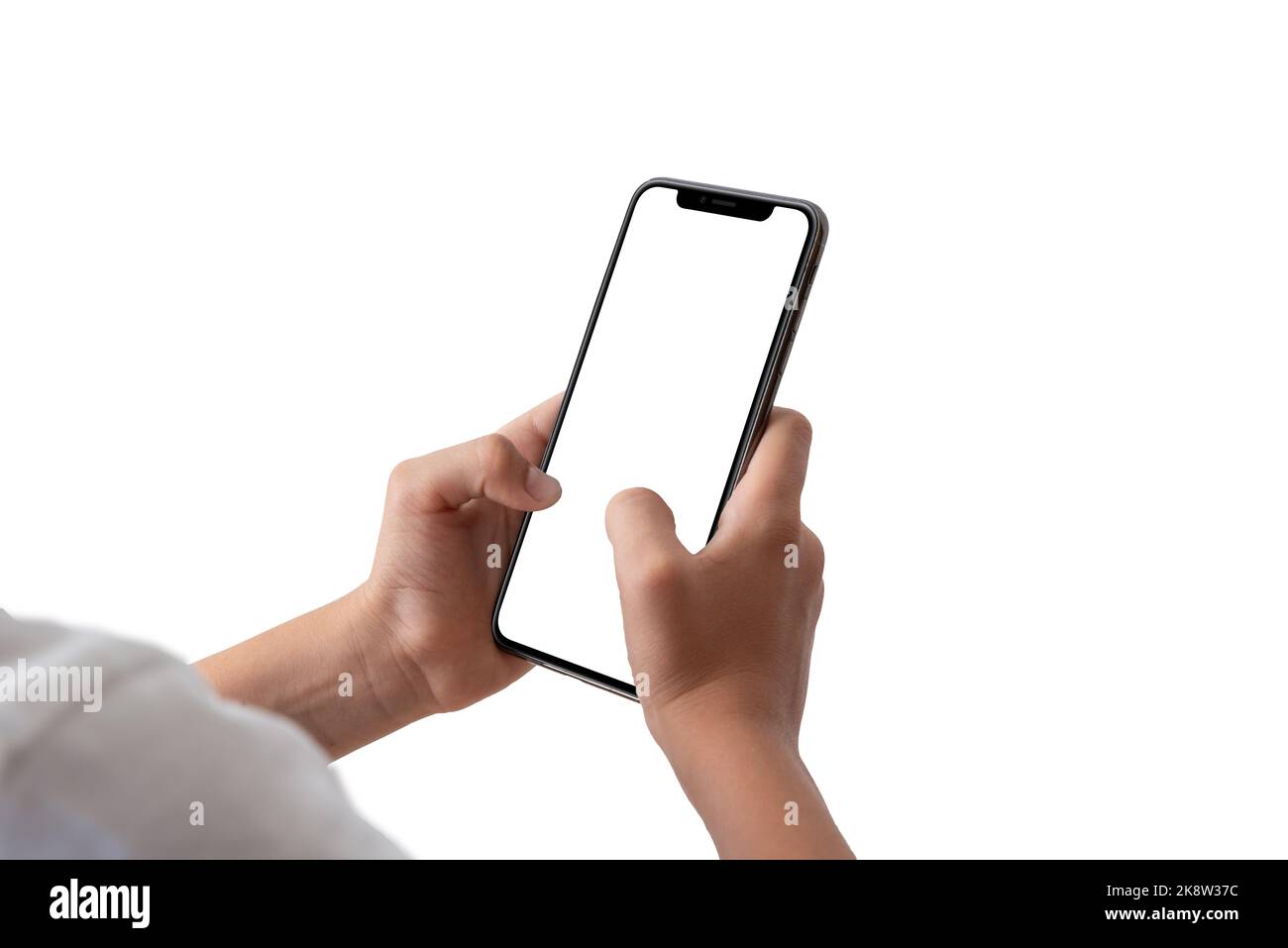 Phone with isolated screen in boy hands. Vertical position for game ...