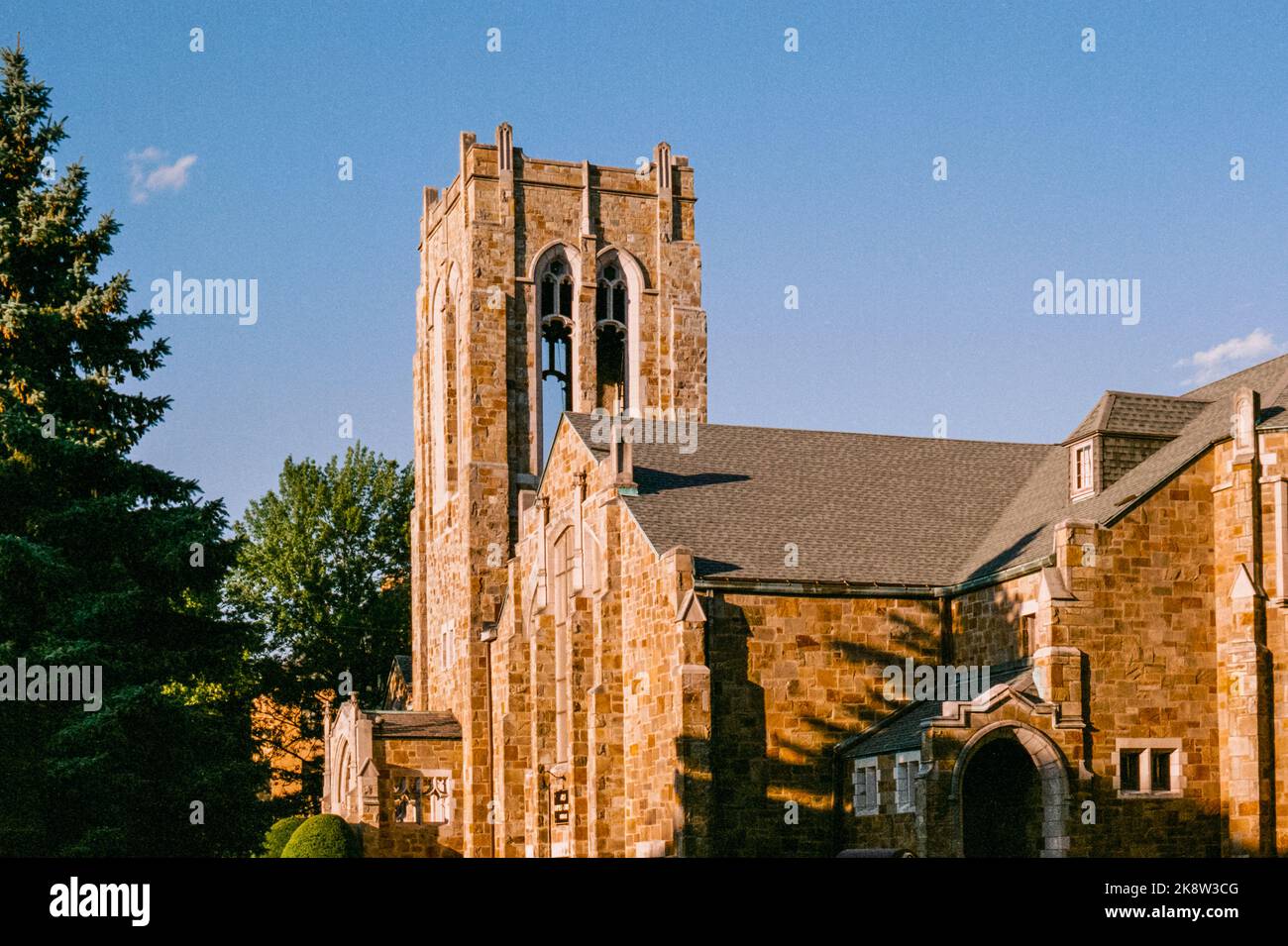 The beautiful stone First Baptist Church at golden hour in Melrose ...