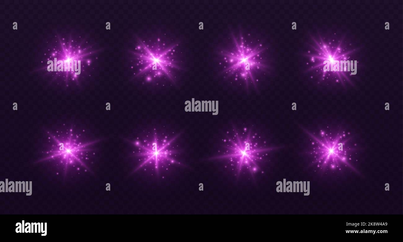 Lens flares with sparkles, pink starbursts set, shiny camera flashes ...