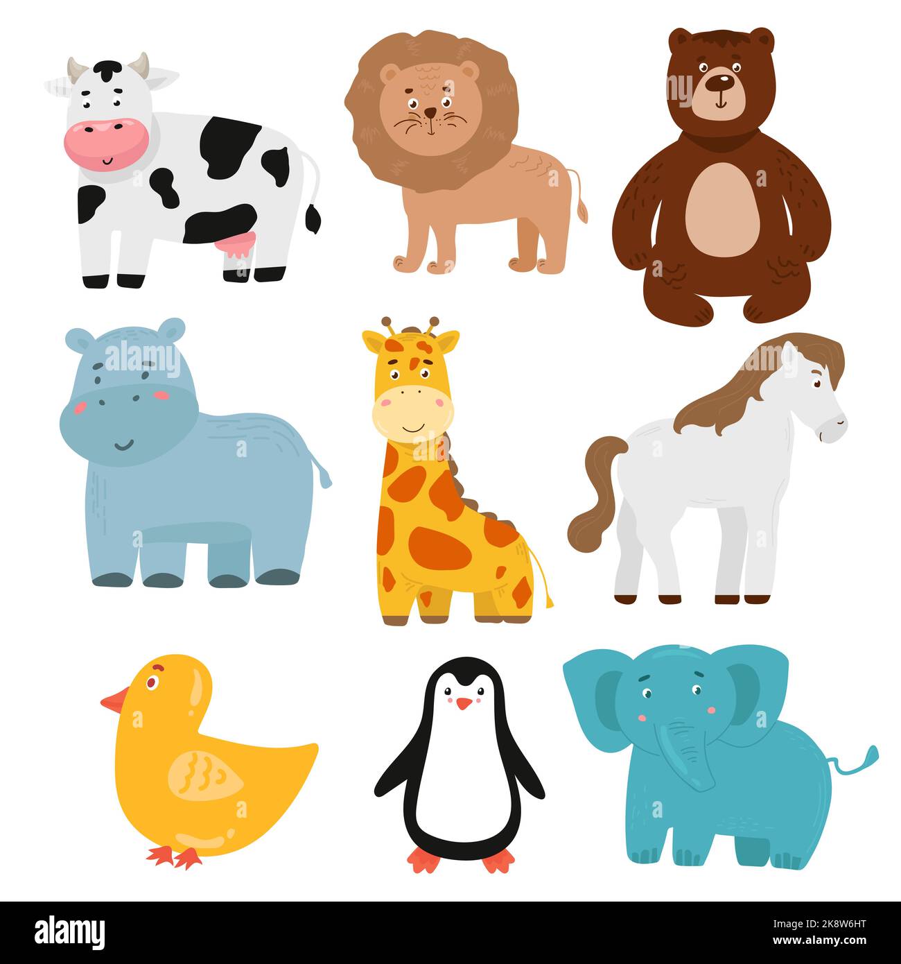 Set of Safari Animals Illustration cow lion bear hippo giraffe horse ...