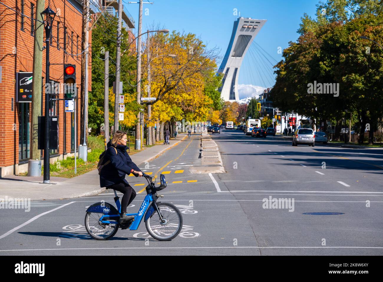 Montreal, CA - 10 October 2022: Woman riding a Bixi bike on Rachel ...