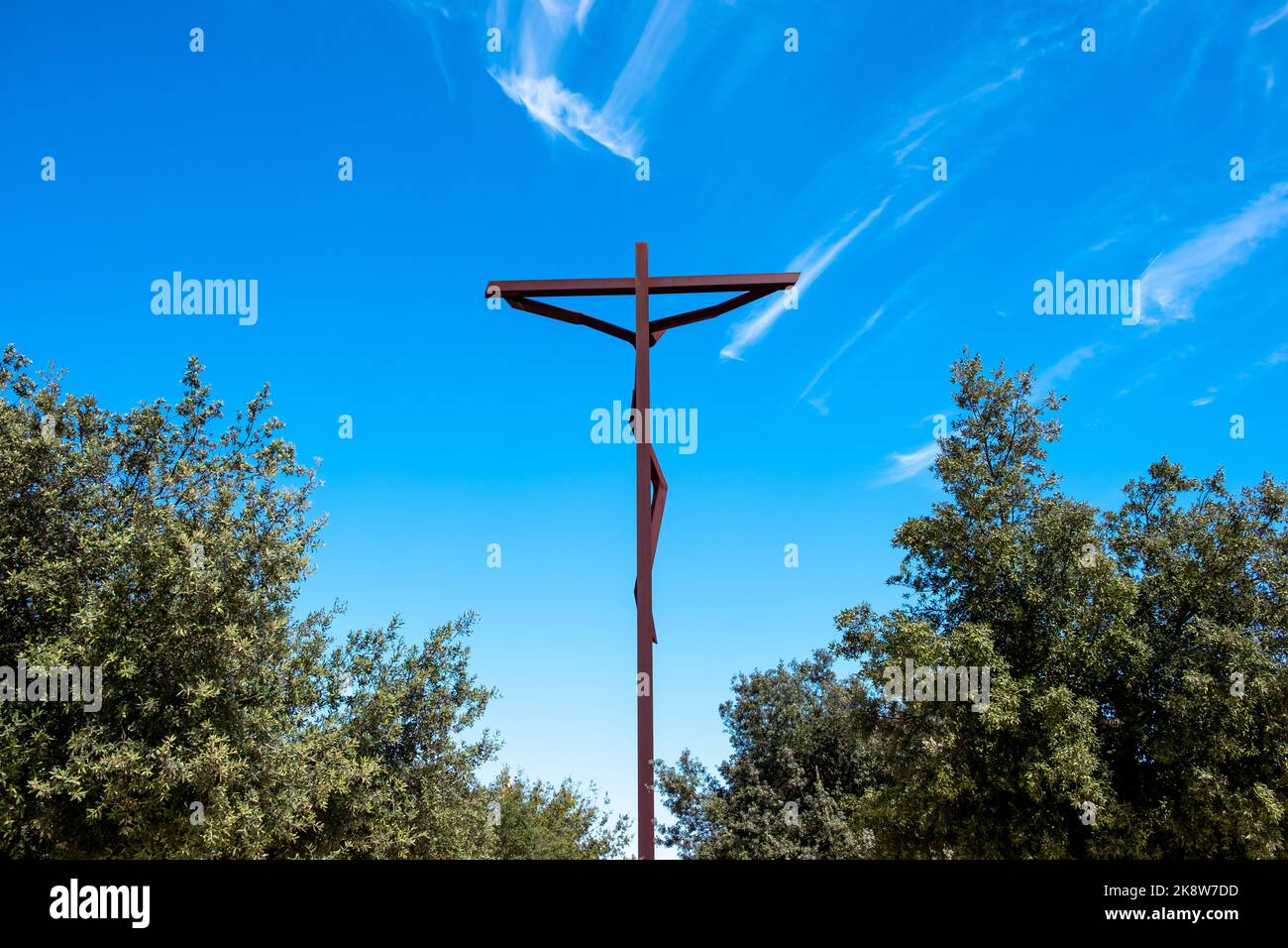The Sanctuary of Fatima, Portugal. The new High Cross with blue sky in ...