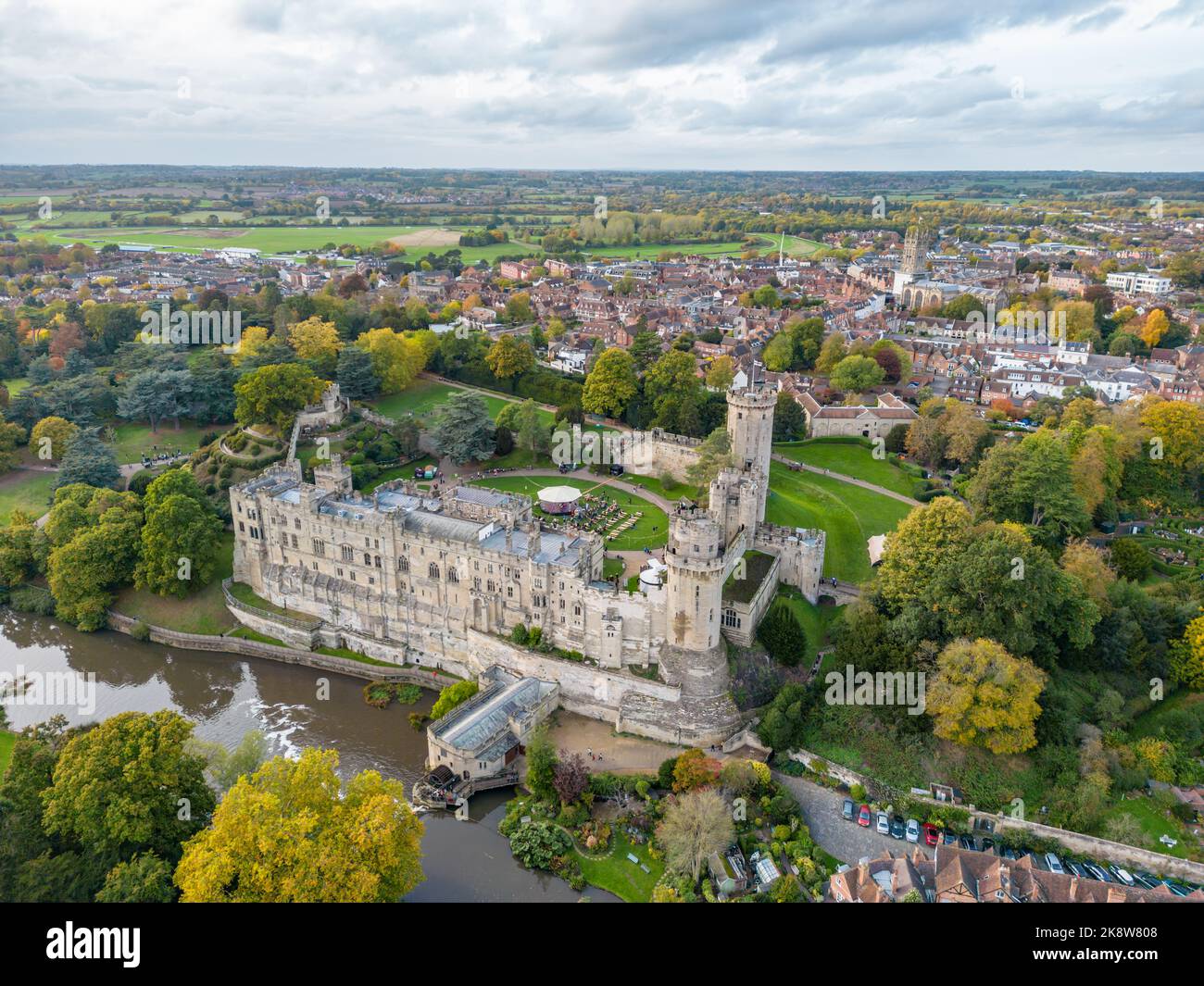 Aerial view of Warwick Castle and town centre with the River Avon Stock ...