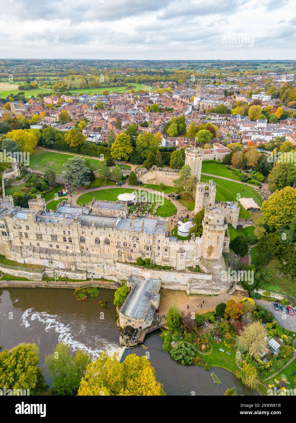 Aerial view of Warwick Castle and town centre with the River Avon Stock ...