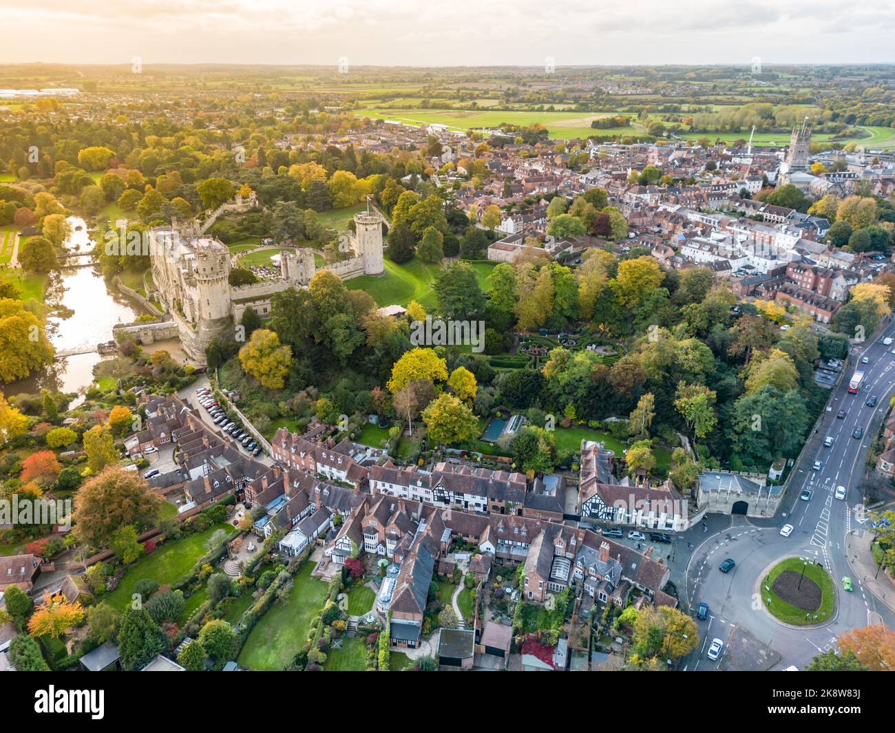 Aerial view of Warwick Castle and town centre at sunset Stock Photo - Alamy
