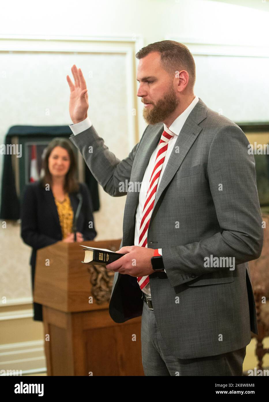 Joseph Schow is sworn into cabinet as House Leader in Edmonton, Monday ...