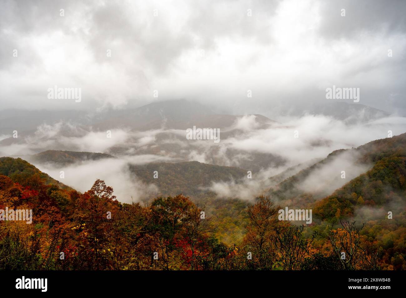 Ribbons of Clouds Swirl Around Blue Ridge Mountains on cloudy day Stock ...